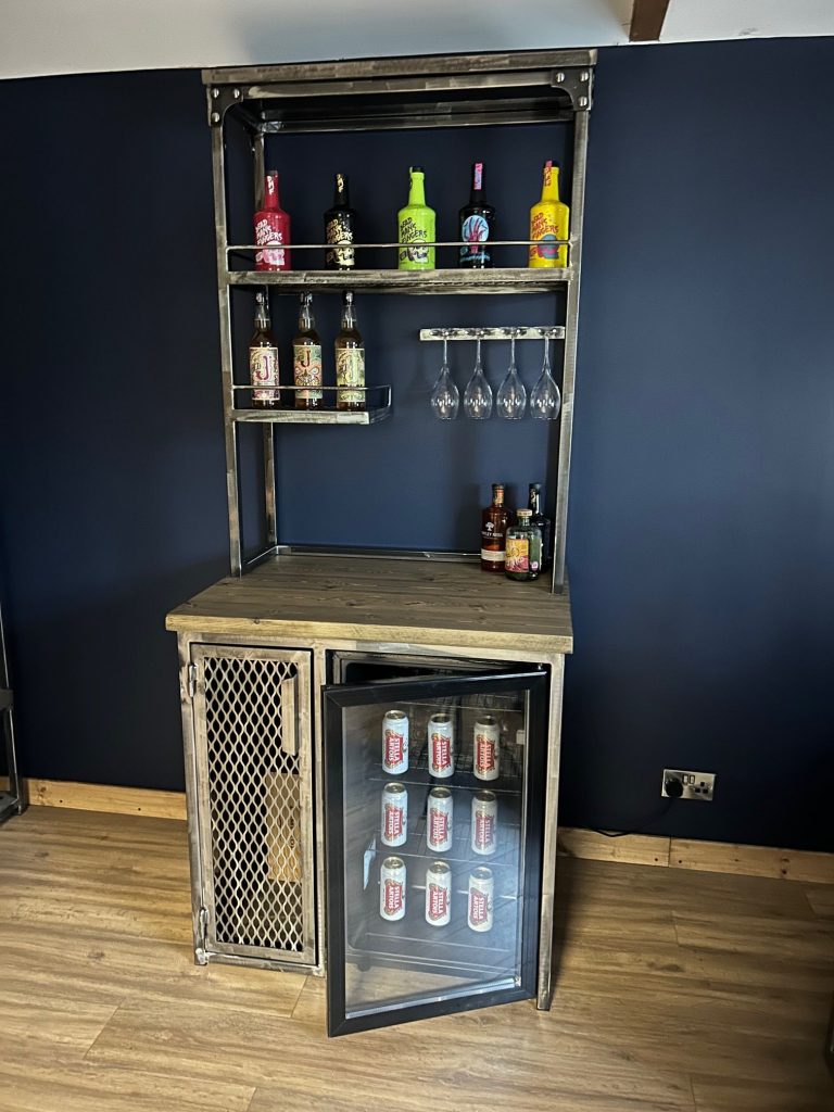 Industrial home bar with fridge - Rustic Revive